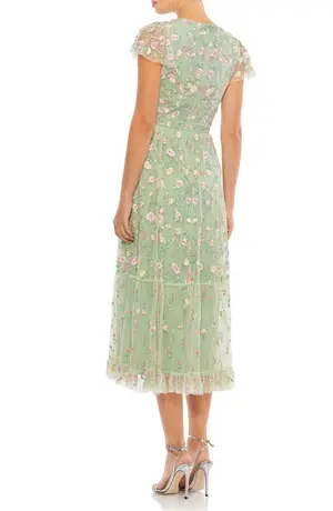 Mac Duggal Embroidered V-neck Midi Dress - Sage