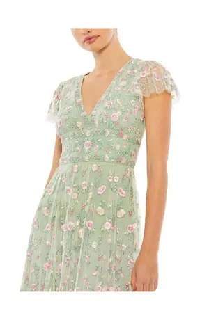 Mac Duggal Embroidered V-neck Midi Dress - Sage