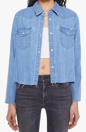 MOTHER The Super Exes Frayed Step Hem Crop Denim Shirt - Playing For Keeps