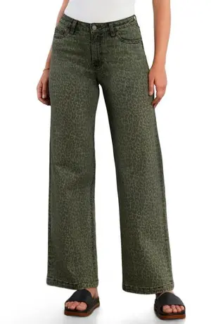 WASH LAB DENIM Animal Print Straight Leg Jeans - Green Leopard