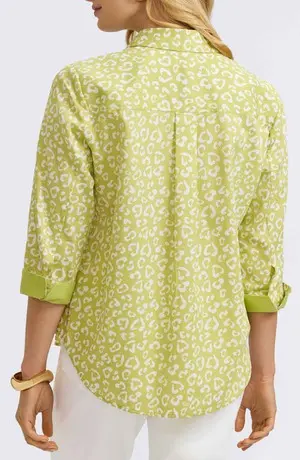 Foxcroft Margie Leopard Print Three-quarter Sleeve Cotton Shirt - Chartreuse Multi
