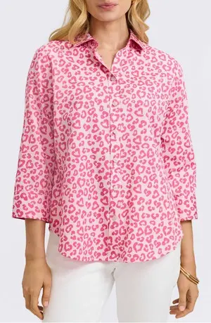 Foxcroft Margie Leopard Print Three-quarter Sleeve Cotton Shirt