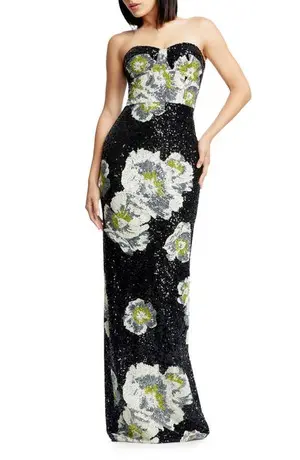 Dress The Population Vada Floral Sequin Gown - Black Multi
