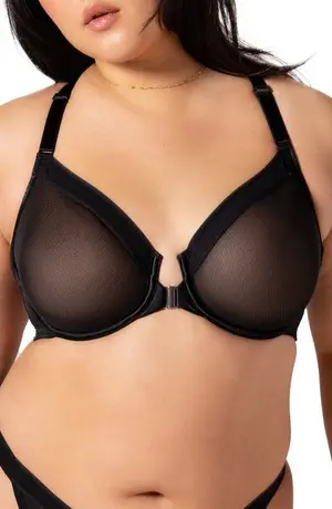 CURVY COUTURE Sheer Mesh Front Clasp Racerback Underwire Bra - Black Hue