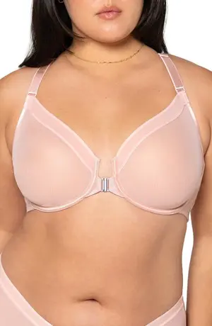CURVY COUTURE Sheer Mesh Front Clasp Racerback Underwire Bra - Blushing Rose