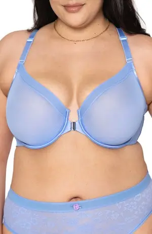 CURVY COUTURE Sheer Mesh Front Clasp Racerback Underwire Bra - Denim Blue