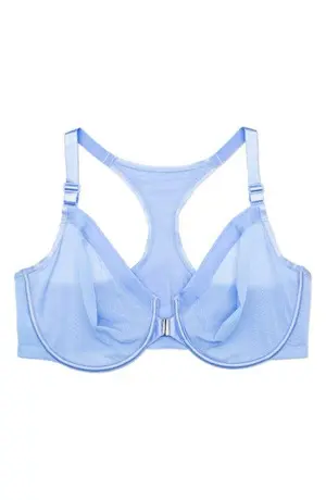 CURVY COUTURE Sheer Mesh Front Clasp Racerback Underwire Bra - Denim Blue
