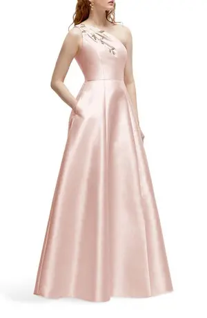 Alfred Sung Floral Appliqué One-shoulder Gown - Blush