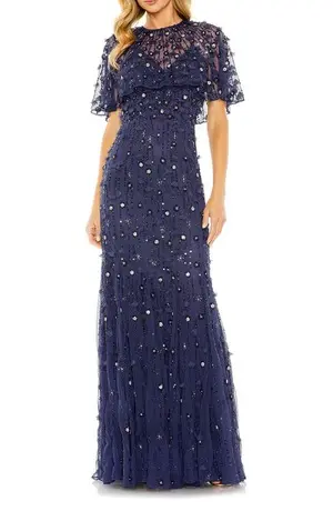 Mac Duggal Embellished Illusion Cape Sleeve Trumpet Gown - Midnight