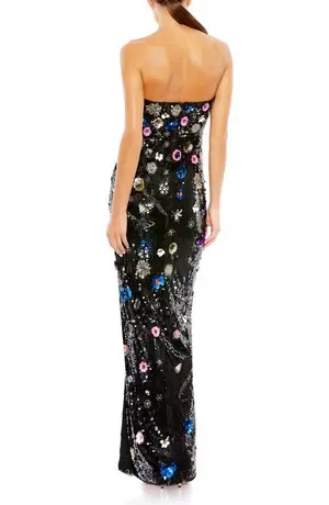 Mac Duggal Floral Sequined Strapless Column Gown