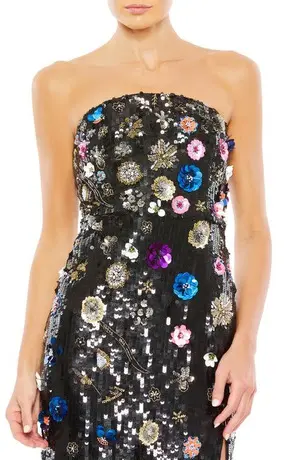 Mac Duggal Floral Sequined Strapless Column Gown
