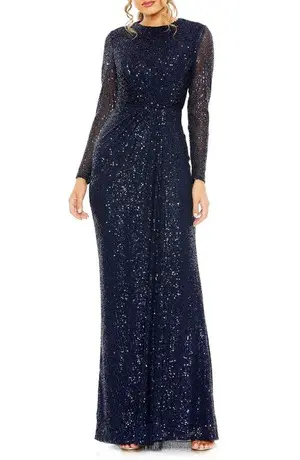 Mac Duggal Sequin Long Sleeve Column Gown With Side Knot Midnight