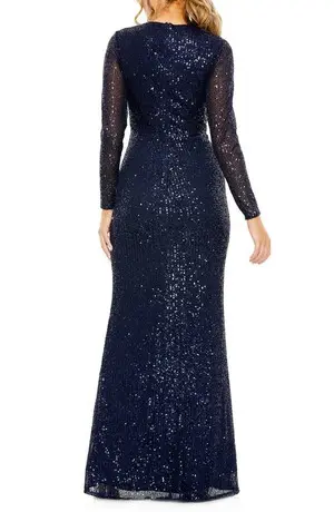 Mac Duggal Sequin Long Sleeve Column Gown With Side Knot - Midnight