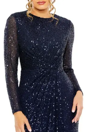 Mac Duggal Sequin Long Sleeve Column Gown With Side Knot - Midnight