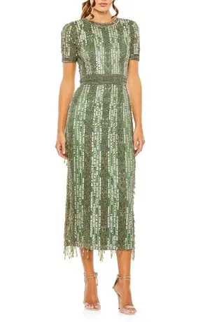 Mac Duggal High Neck Short Sleeve Crystal Fringe Column Dress - Sage