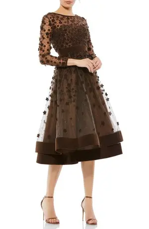 Mac Duggal Embellished Illusion High Neck Fit & Flare Tea-length Cocktail Dress - Coffee