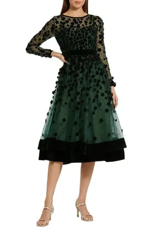 Mac Duggal Embellished Illusion High Neck Fit & Flare Tea-length Cocktail Dress - Emerald
