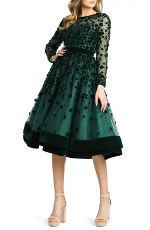 Mac Duggal Embellished Illusion High Neck Fit & Flare Tea-length Cocktail Dress - Emerald