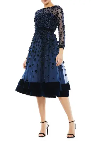Mac Duggal Embellished Illusion High Neck Fit & Flare Tea-length Cocktail Dress - Midnight