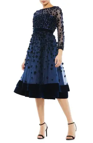 Mac Duggal Embellished Illusion High Neck Fit & Flare Tea-length Cocktail Dress - Midnight
