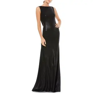 Mac Duggal Metallic Column Gown With Cowl Back And Ruffle Detail - Black