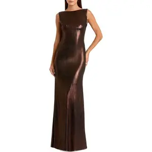 Mac Duggal Metallic Column Gown With Cowl Back And Ruffle Detail - Espresso