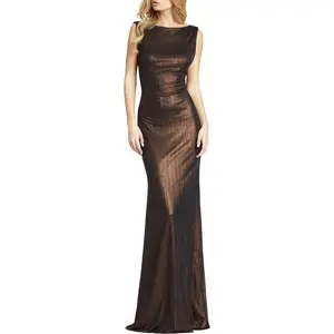 Mac Duggal Metallic Column Gown With Cowl Back And Ruffle Detail - Espresso