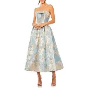 Mac Duggal Strapless Floral Brocade Midi Dress With Pockets - Blue Multi