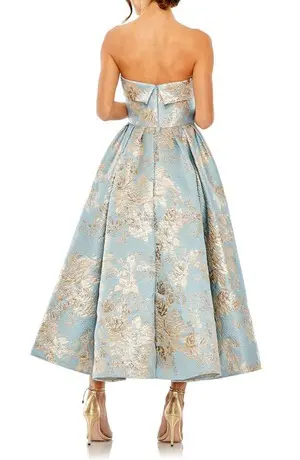 Mac Duggal Strapless Floral Brocade Midi Dress With Pockets - Blue Multi