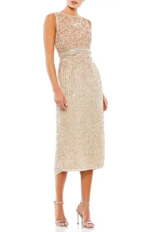 Mac Duggal Sleeveless High Neck Beaded Midi Sheath Dress - Beige