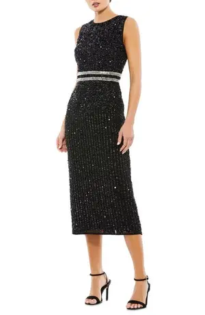 Mac Duggal Sleeveless High Neck Beaded Midi Sheath Dress - Black