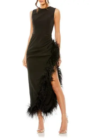 Mac Duggal Sleeveless Faux Wrap Gown With Feather Detail - Black