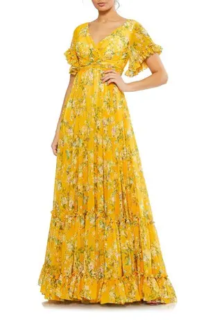 Mac Duggal Flounce Sleeve Floral Maxi Dress - Yellow Multi