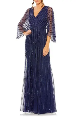 Mac Duggal Sequin Beaded Stripe Cape Sleeve V-neck Gown - Navy