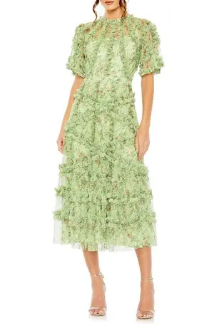 Mac Duggal Floral Flutter Sleeve Mesh Print Dress - Sage Multi