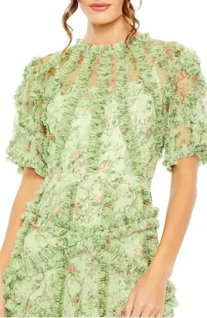 Mac Duggal Floral Flutter Sleeve Mesh Print Dress - Sage Multi