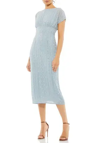 Mac Duggal Beaded Cap Sleeve Midi Dress - Slate Blue