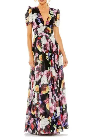 Mac Duggal Floral Print Mesh Gown