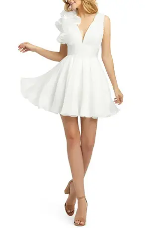 Mac Duggal Ruffle Shoulder Empire Waist Dress - White