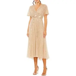 Mac Duggal Embellished Short Sleeve V-neck Dress - Taupe