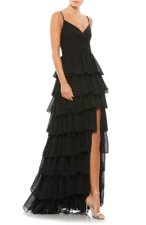 Mac Duggal Sleeveless V-neck Evening Gown With Ruffle Skirt - Black