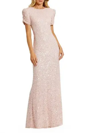 Mac Duggal Embellished Mesh High-neck Short Sleeve Gown - Blush