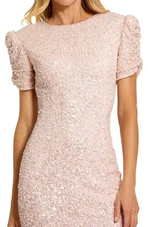 Mac Duggal Embellished Mesh High Neck Puff Sleeve Gown - Blush