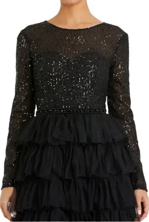 Mac Duggal Sequined Layered Tulle A-line Dress