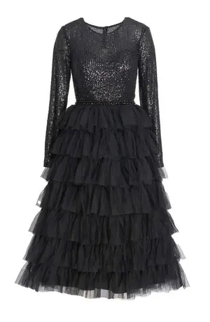 Mac Duggal Sequined Layered Tulle A-line Dress