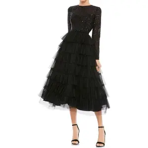 Mac Duggal Sequined Layered Tulle A-line Dress