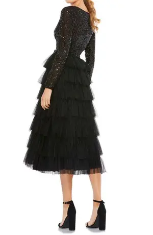 Mac Duggal Sequined Layered Tulle A-line Dress