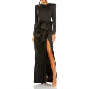 Mac Duggal Long Sleeve Bow Draped Column Gown - Black