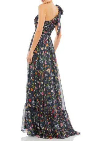 Mac Duggal One-shoulder Floral Chiffon Gown - Navy Multi
