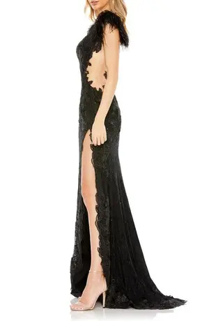 Mac Duggal Feather Cap Sleeve Lace Gown